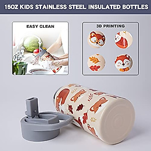 Weboia Kids Autumn Cute Water Bottle Fox Insulated Water Bottles BPA Free Double Wall Vacuum 15 oz Kids Cup with Straw Lid Leak Proof Fox Water Bottle Autumn Gift for Boys Girls School
