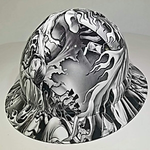 Wet Works Imaging Customized Pyramex Full Brim Hydro Dipped in White Soul Reaper Hard HAT with Ratcheting Suspension Custom LIDS Crazy Sick Construction PPE