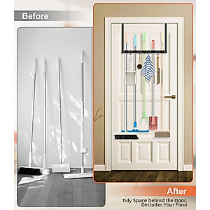 Broom Holder Over The Door Drilling Free Mop and Broom Holder with 4 Over Door Hook, Metal Mop and Broom Holder Wall Mount Broom Storage Tool Organizer for Laundry Room Garage Kitchen Bathroom