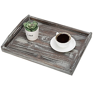 MyGift Rustic Torched Wood Serving Tray with Handles, Farmhouse Ottoman Coffee Tray, 16 x 12 Inches
