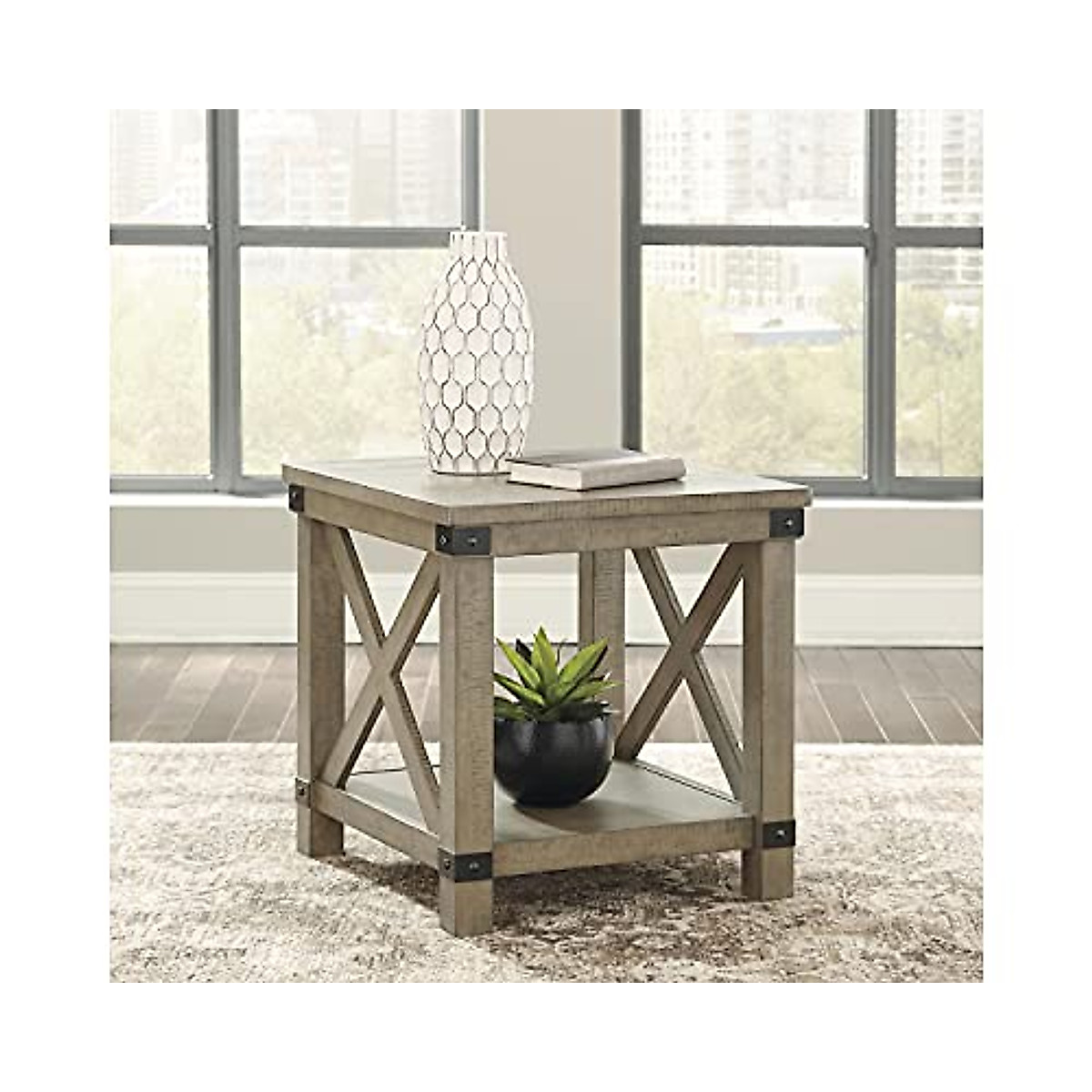 Signature Design by Ashley Aldwin Farmhouse Square End Table with Crossbuk Details, Light Brown