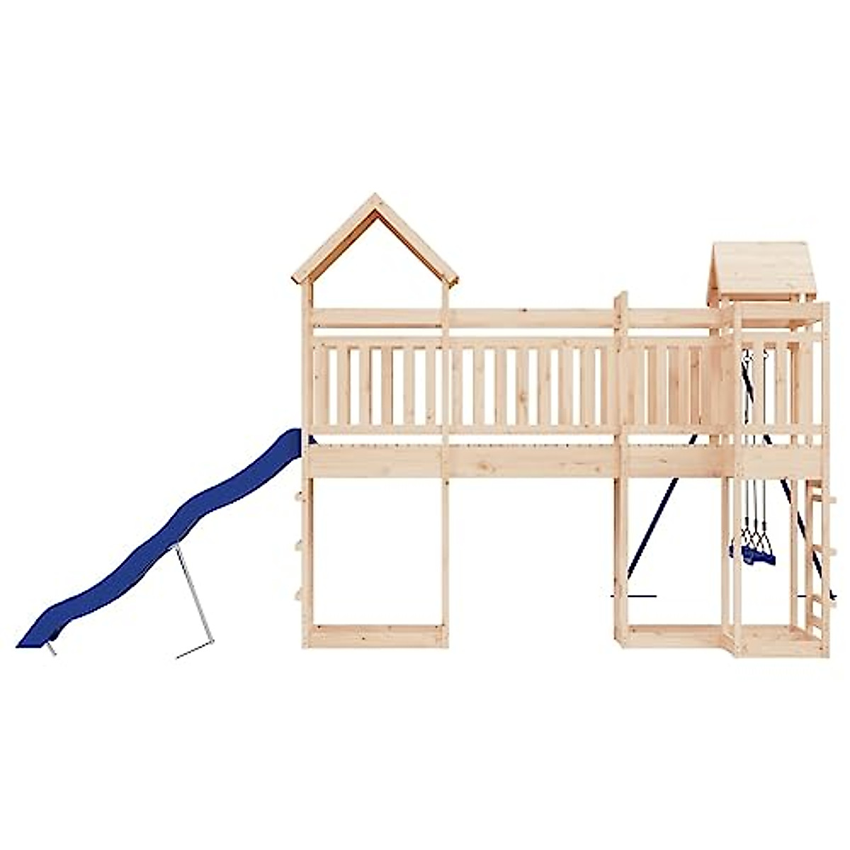 Loibinfen Outdoor Playset Solid Wood Pine,Garden Play Set with 1 Play Towers with Bridge,1 Wave Slide,1 Double Swing Set,Modern Outdoor Backyard Children's Climbing Wood Playground Playset,-4558