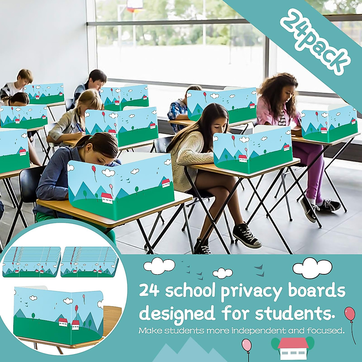 Privacy Shields for Student Desks - 24 Pack，Colored Classroom Privacy Folders for Students, Privacy Boards for Test and Desk Dividers (16"W x 12"H x 13"D)