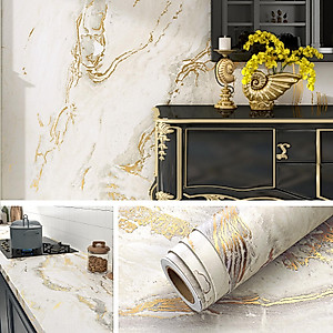 Livelynine off White Marble Contact Paper for Countertops Desk Waterproof Gold Marble Wallpaper Peel and Stick Countertop Kitchen Vinyl Wrap Marble Counter Top Covers Bathroom Bedroom Walls 15.8x78.8"