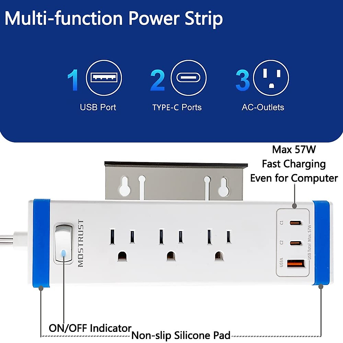 Mostrust 3-Outlet Power Strip, White, 5 Feet