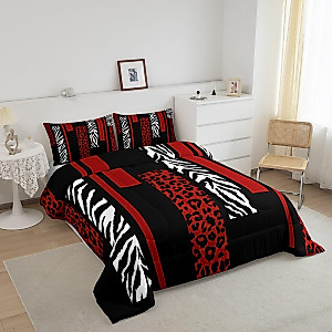 Leopard Print Comforter Set Queen Size,Zebra Skin Stripes Rustic Farmhouse Bedding Set,Girls Women Room Decor,Geometric Square Patchwork Down Comforter,Red Black Fashion Duvet Insert,2 Pillowcases