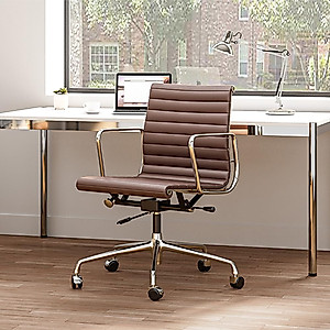 Ribbed Office Chair, Mid Back Top Black Grain Leather Desk Chair, Swivel Chair Adjustable Ergonomic Computer Desk Chair with Aluminium Alloy Frame and Silent Nylon Wheels