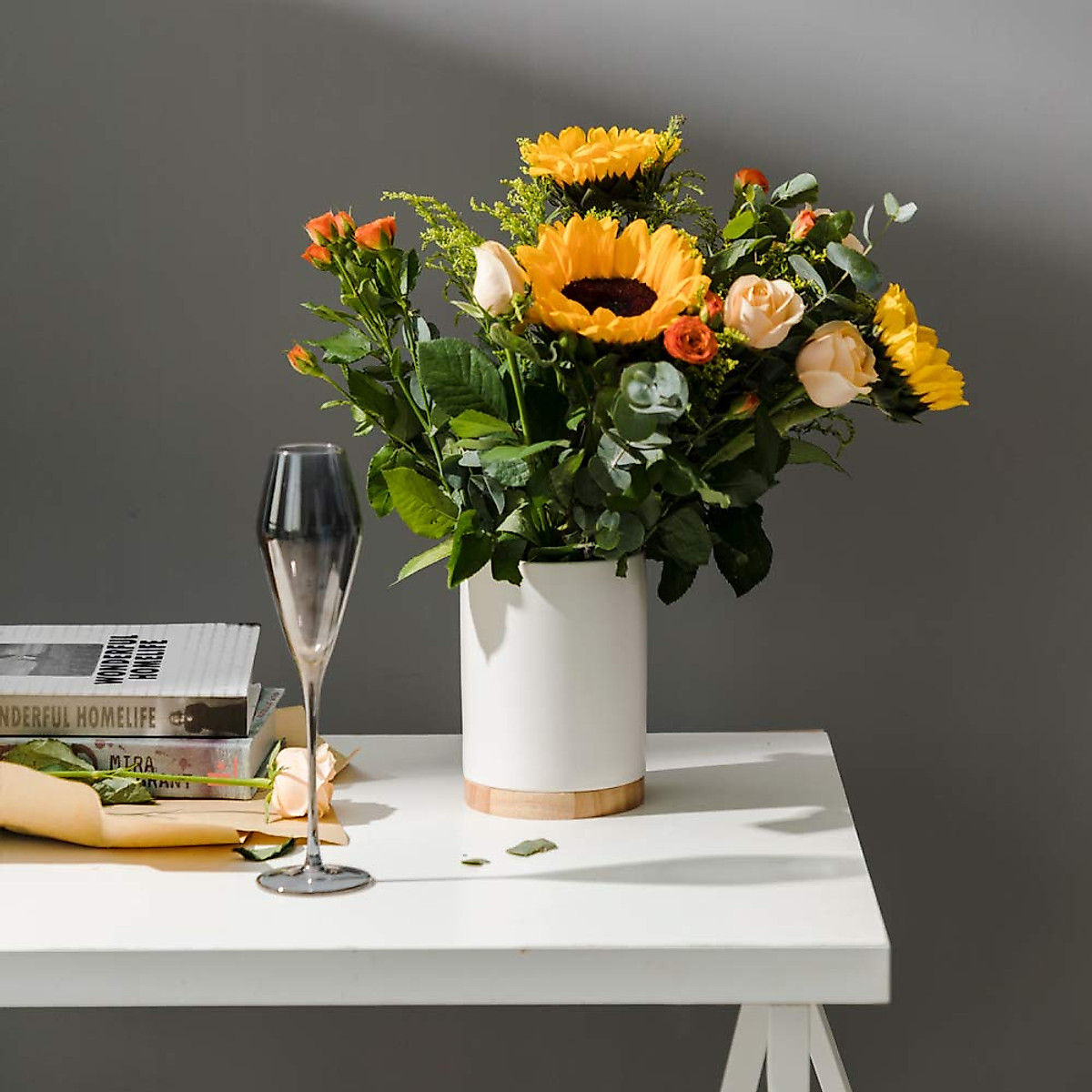 SWEEJAR Kitchen Utensil Holder with Wooden Bottom, 6.7" Ceramic Utensil Crock to Hold Spatulas for Cooking Countertop, Housewarming, Wedding, Birthday Gift (White)