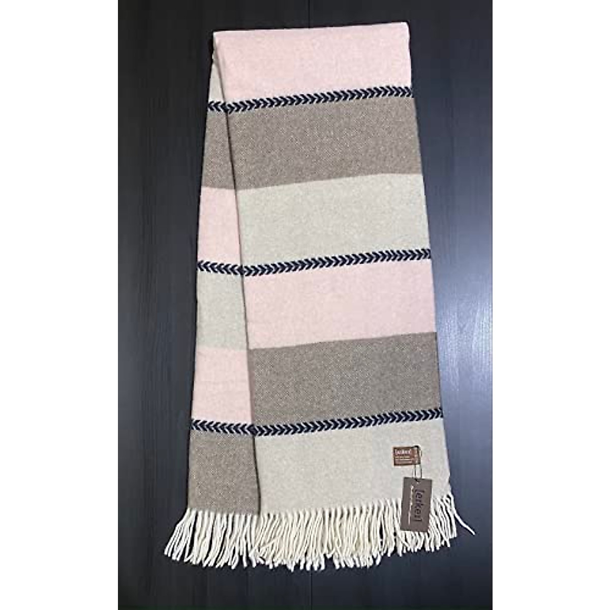 Eikei Merino Wool Throw Blanket Geo Wide Stripe Pattern Fringe Trim Soft Woolen Afghan Style Lightweight Machine Washable Cabana Stripes Scandi Style (Taupe and Pink, 55Wx78L)