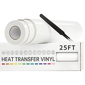 VinylRus Heat Transfer Vinyl-12” x 25ft White Iron on Vinyl Roll for Shirts, HTV Vinyl for Silhouette Cameo, Cricut, Easy to Cut & Weed