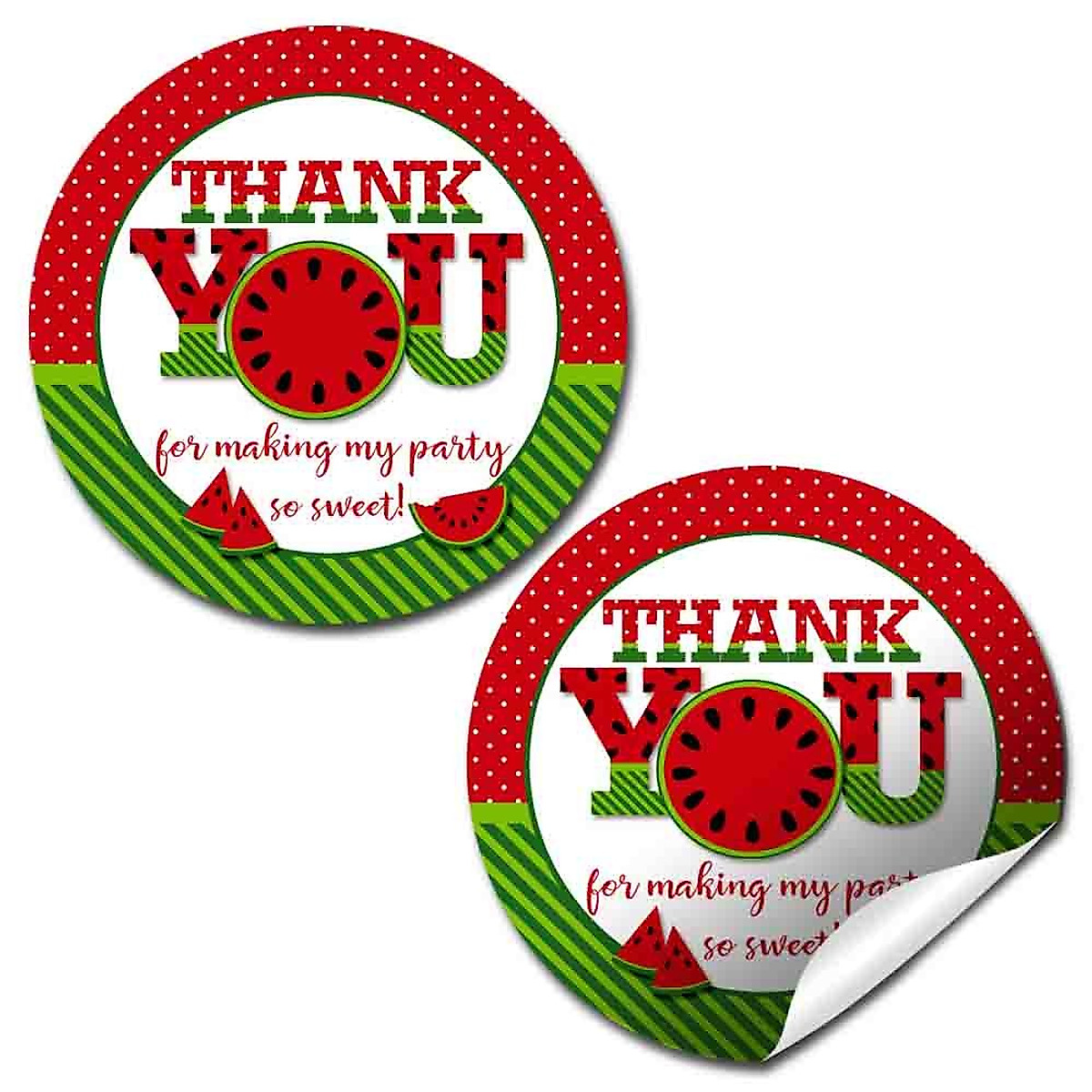 Red Watermelon Birthday Party Thank You Sticker Labels, 40 2" Party Circle Stickers by AmandaCreation, Great for Party Favors, Envelope Seals & Goodie Bags