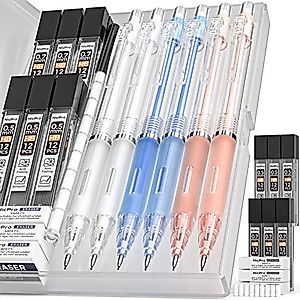 Nicpro 6 PCS Pastel Mechanical Pencil 0.5 & 0.7 mm with Case for School, with 12 tubes HB Lead Refills, 3 Erasers, 9 Eraser Refills For Student Writing, Drawing, Sketching, Blue & Pink & White Colors