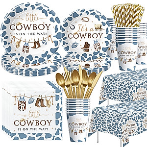Xenorik Western Cowboy Baby Shower Decorations Tableware - Little Cowboy Baby Boy Table Decorations, Plate, Cup, Napkin, Tablecloth, Cutlery, Cowboy Wild West Rodeo Baby Shower Supplies | Serve 24
