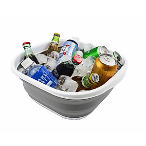 SAMMART 10L Set of 2 Collapsible Tub - Foldable Dish Tub - Portable Washing Basin - Space Saving Plastic Washtub (White/Grey)