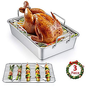 Stainless Steel Roasting Pan, E-far 14 x 10.6 Inch Heavy Duty Turkey Roaster with V Rack & Baking Rack Set, Small Metal Deep Broiling Pan for Oven Cooking Lasagna Meat Chicken - Dishwasher Safe