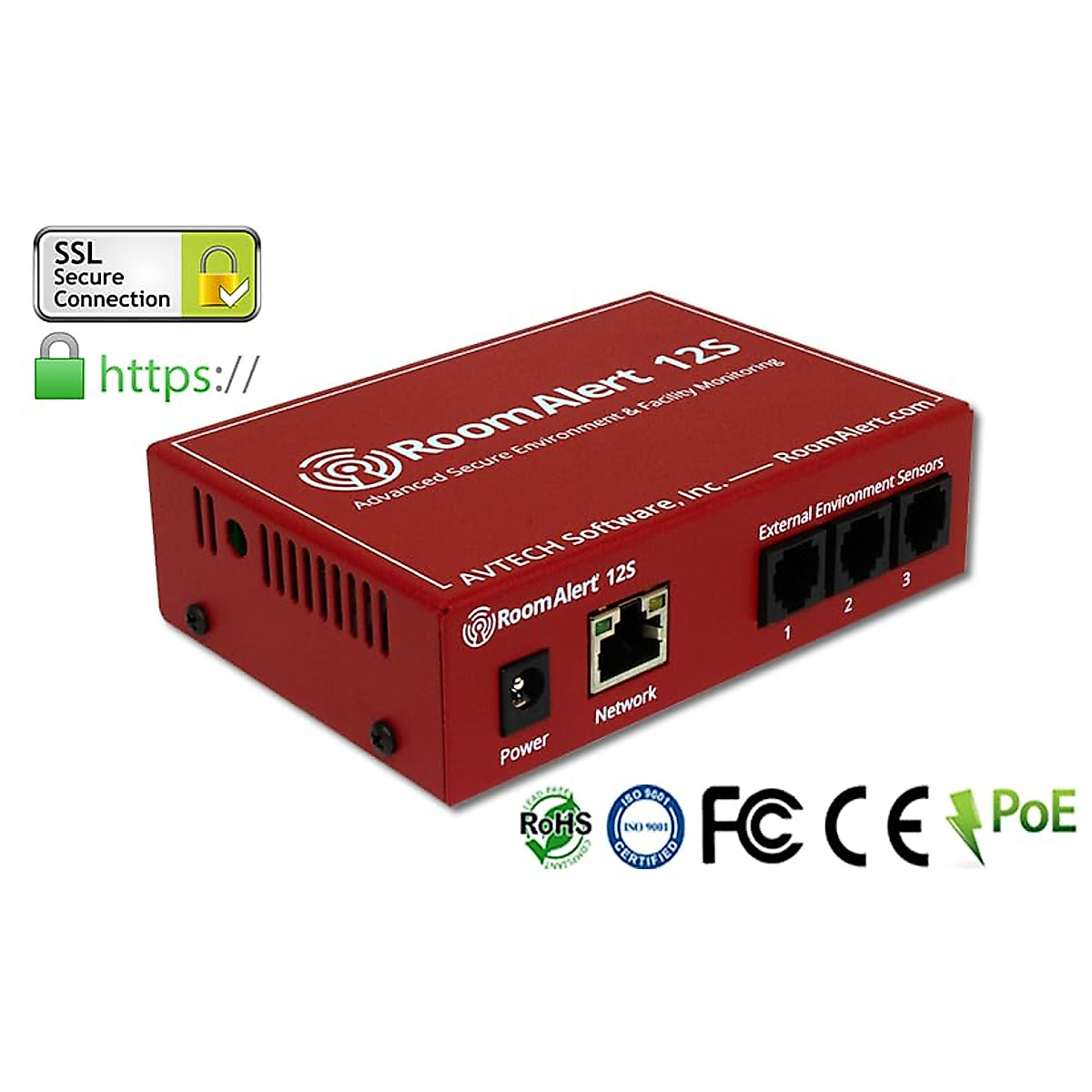 Room Alert 12S Advanced Proactive Environment Monitor – Built-in Temperature Sensor, Supports SSL/TLS, 2048-bit Encryption, SNMP v3, 12 Sensors, 24/7 Alerting & Reporting, Made in USA