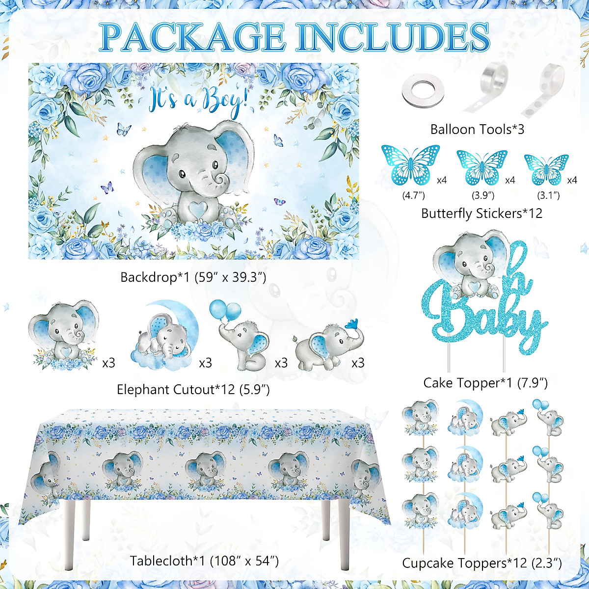 Elephant Baby Shower Decorations for Boy Elephant Themd Birthday Party Supplies Baby Boxes Balloon Garland It's a Boy Backdrop Tablecloth Cake Toppers Elephant Foil Balloon for Boy Baby Shower Decor