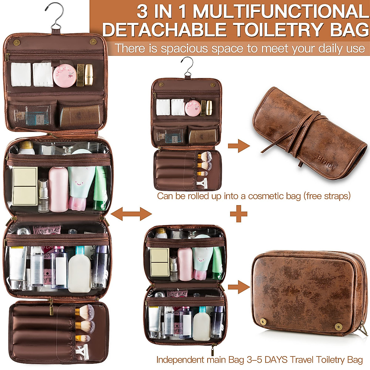 Elviros Hanging Toiletry Bag Removable Travel Bag PU leather Makeup Cosmetic Organizer Kit, Dark Brown