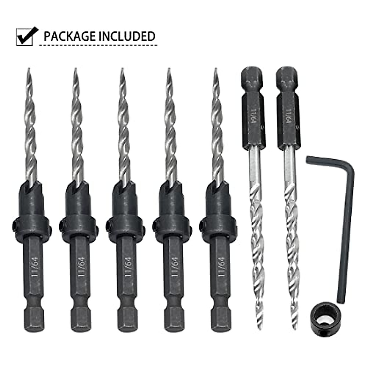 Saipe 5pcs Wood Countersink Drill Bit Set with 2pcs Counter Sinker Replacement Tapered Drill Bit All Same Size 11/64" Quick Change Hex Shank Screw Drill Counter Sink Bit for Drilling Pilot Hole