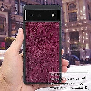 Harryshell Detachable Magnetic Zipper Wallet Leather Case with Cash Coin Pocket 12 Card Slots Holder Wrist Strap Lanyard Compatible with Google Pixel 6A 5G (2022) (Flower Wine Red)