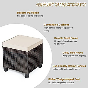 Tangkula 2 Pieces Outdoor Patio Ottoman, All Weather Rattan Wicker Ottoman Seat, Patio Rattan Furniture, Outdoor Footstool Footrest Seat w/Removable Cushions (Cream)