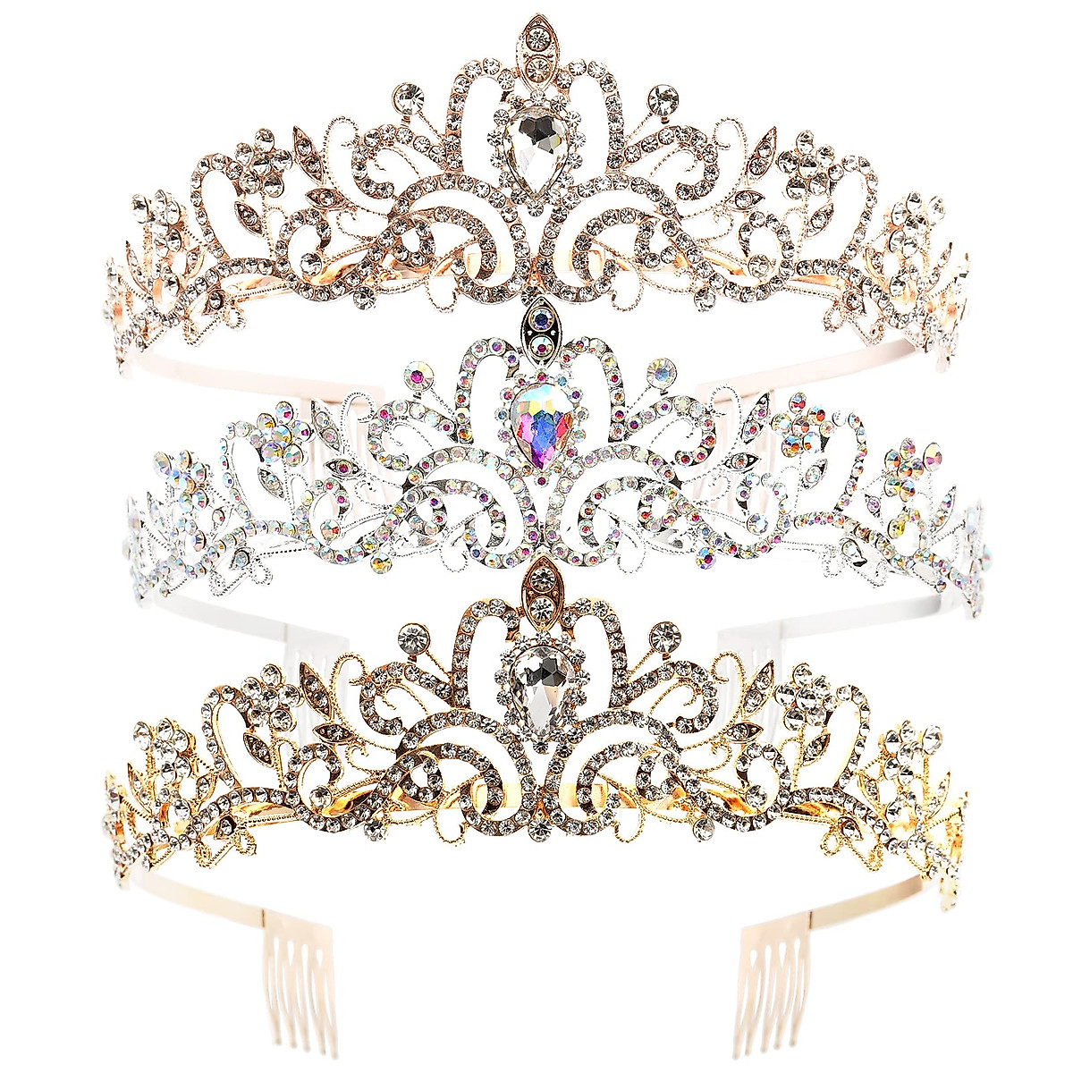 YOPAY 3 Style Crystal Tiara Crowns, Gold Queen Crown for Bridal, Girls, Women, Princess Headbands with Comb, Cake Topper for Birthday Pageant Prom for Birthday, Wedding, Party, Christmas, Halloween