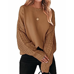 ZESICA Women's 2023 Fall Long Sleeve Crew Neck Solid Color Cable Knit Chunky Casual Oversized Pullover Sweater Tops,Camel,Large