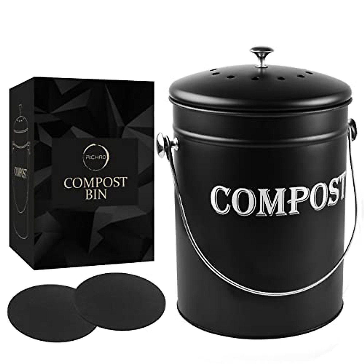 Compost Bin Kitchen 1.3 Gallon Smell Free Charcoal Filter Countertop Compost Bin with Lid - Stainless Steel Rust-Free Composting Bin for Kitchen Counter Compost Bucket Includes a Spare Filter (Black