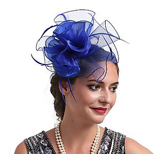 Women Fascinators Organza Fascinators 20S Party Hat Wedding Tea Party Fascinator Pillbox Hat with Headband Hairclip Royal Blue