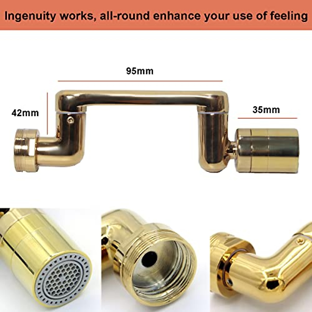 1440° Rotating Faucet Extender, 1080°+360° Large-Angle Splash Filter Faucet Aerator, with 2 Water Outlet Modes, Universal Brass Splash Filter Faucet Extension for Kitchen and Bathroom Sink, Golden
