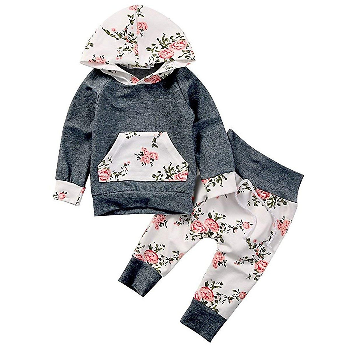 Baby Girls Long Sleeve Flowers Hoodie Top and Pants Outfit with Kangaroo Pocket (12-18 Months, A)