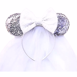 CLGIFT Bride Minnie Ears Headband, White Veil Bride Minnie Ears, Honeymoon Ears, Wedding Ears, Bachelorette Party Ears (Silver & White)