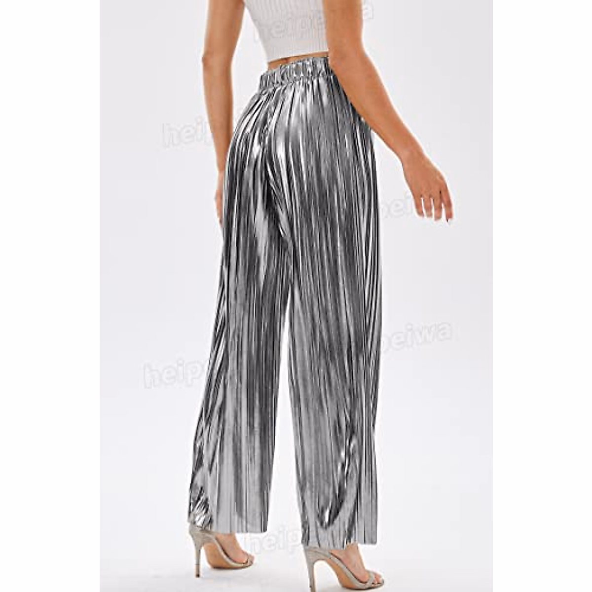 heipeiwa Women's Shiny Pleated Wide Leg Pants Party Nightout High Elastic Waist Trouser Outfit Clubwear Silver