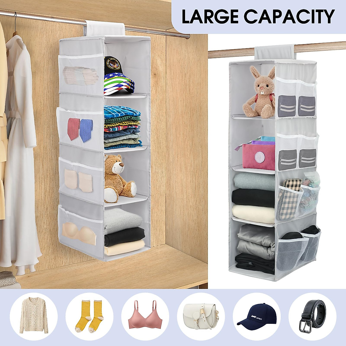 PetsHome 4-Shelf Hanging Closet Organizer, Space Saver, Closet Hanging Storage Shelves with Mesh Pockets & Magic Tap for Storage, Foldable-Grey