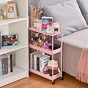KINGRACK Slim Storage Rolling Cart,3-Tier Metal Utility Cart,Slide Out Storage Cart,Makeup Lash Cart,Rolling Storage Cart Pink for Bathroom Laundry Room Bedroom