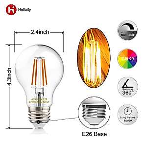 helloify A19 LED Filament Bulbs, 60W Equivalent, Edison Vintage Dimmable Energy Efficient Lamp for Pendant Wall Light Fixtures Office Bedroom Bathroom, E26 Base, 2700K Warm White Light, 6PCS