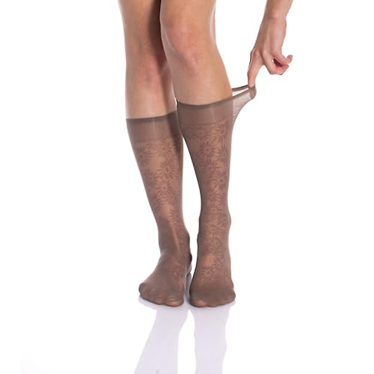 AWS/American Made Sheer Knee High Socks for Women Pack of 3 Pairs 15 Denier Stay up Band (Mink Flower Patterned)