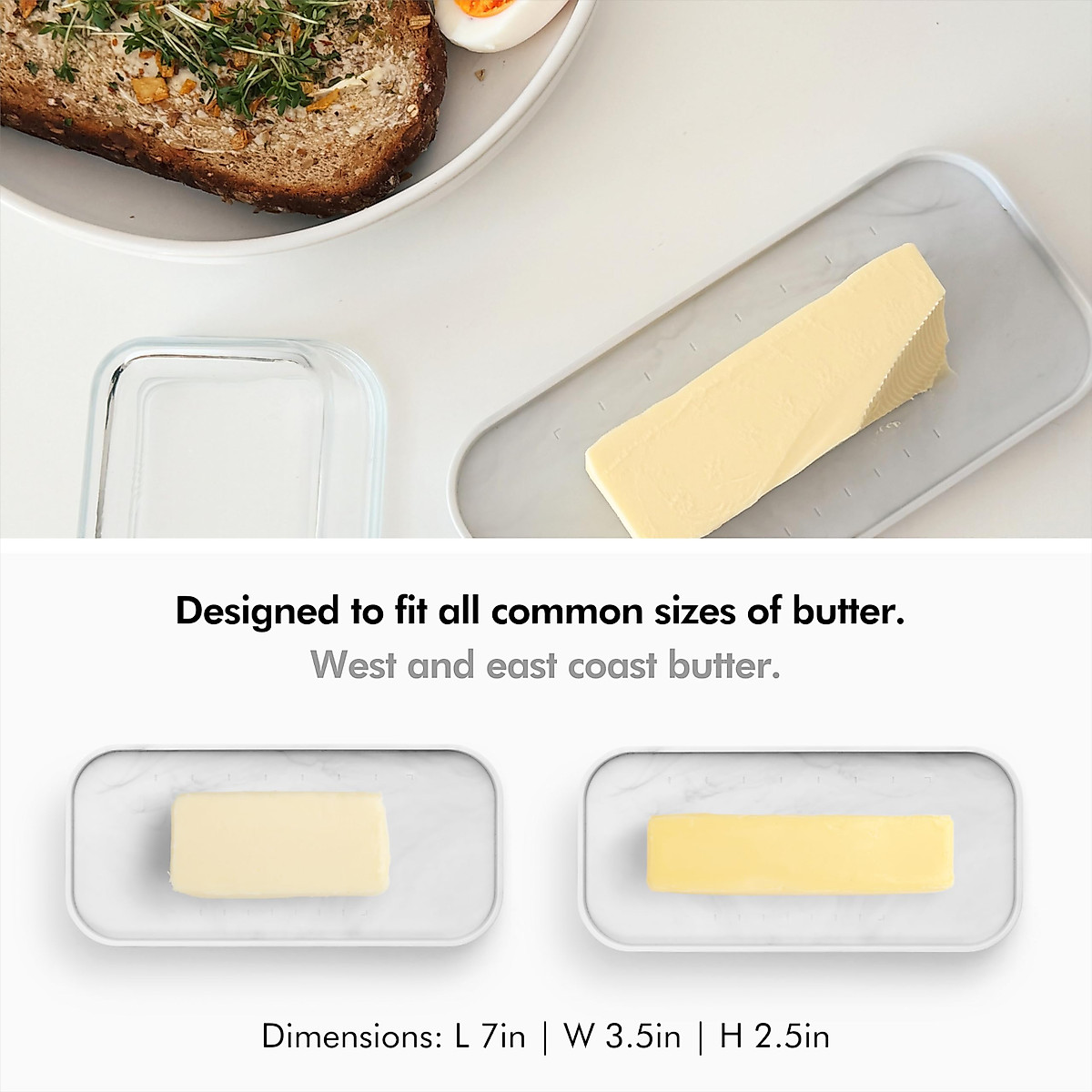 KIVY Glass butter dish with airtight lid that keeps butter soft - For countertop and refrigerator door shelf - Clear glass butter dish with cover - White Marble Butter holder with plastic plate