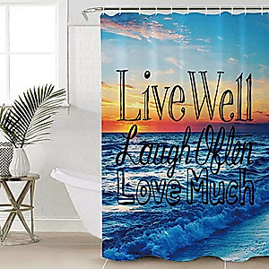 4 Pcs Shower Curtain Sets with Rugs Live Well Laugh Often Love Much Non-Slip Soft Toilet Lid Cover for Bathroom Beach Sunset Bathroom Sets with Bath Mat and 12 Hooks