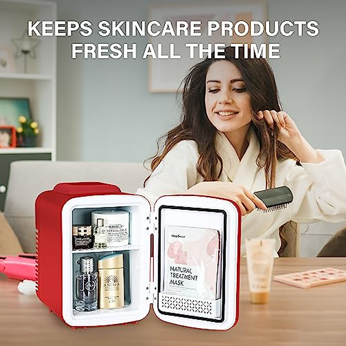 Simple Deluxe Mini Fridge, 4L/6 Can Portable Cooler & Warmer Freon-Free Small Refrigerator Provide Compact Storage for Skincare, Beverage, Food, Cosmetics, Red