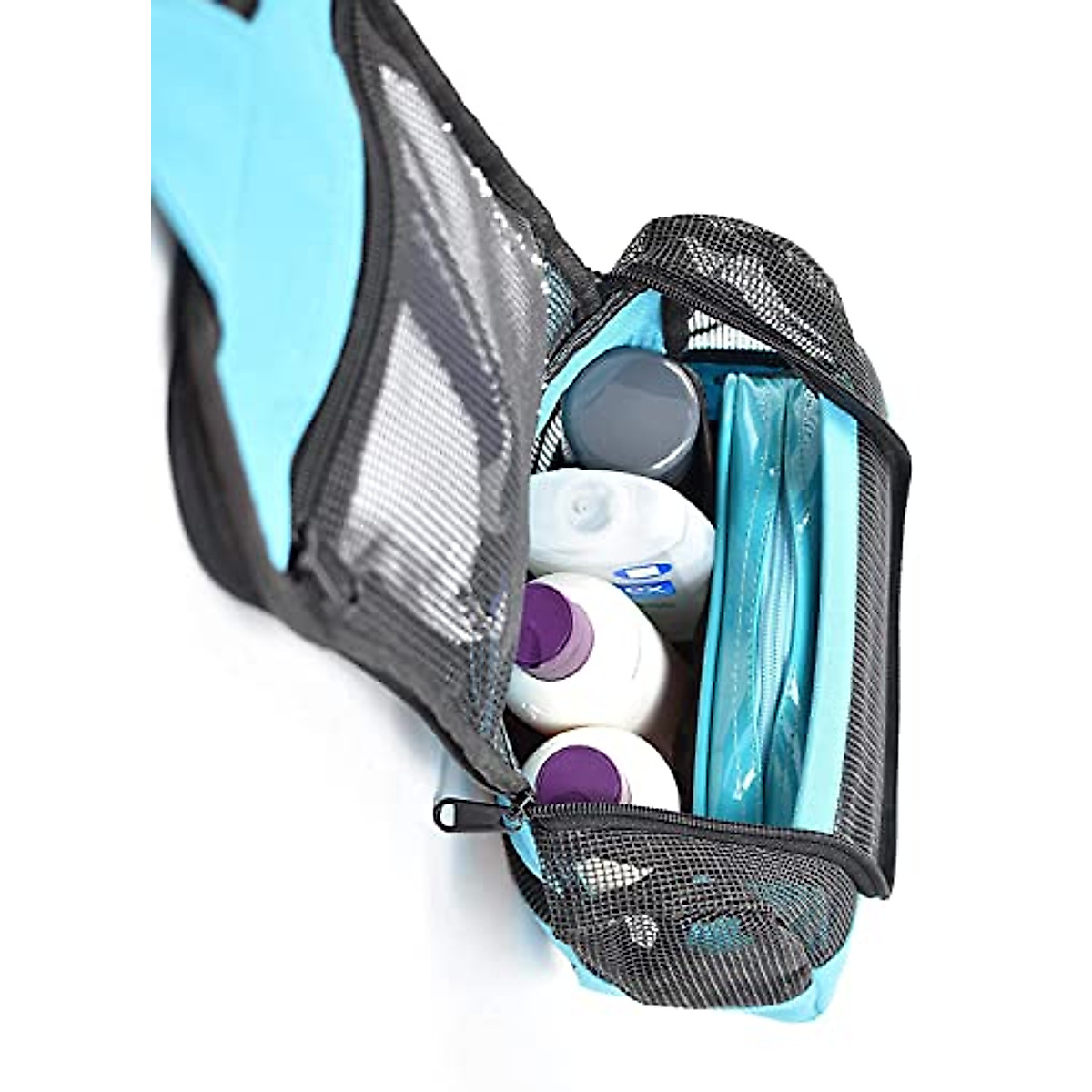 The Fine Living Co. Portable Hanging Shower Caddy Organizer Bag (Free Toiletries Case+Metal Hook) Quick Dry Mesh Shower Caddy Tote Bag Pouch For Bathroom College Dorm Camp Gym Camping 10”x4”x9”(Aqua)