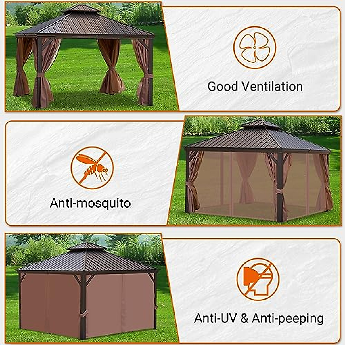 Zevemomo 12x12 ft Hardtop Gazebo, All Weather Outdoor Gazebo with 2 Tiered Steel Roof and Aluminum Frame, Permanent Gazebo with Mosquito Netting and Curtains for Deck, Patio, Backyard, Dark Brown
