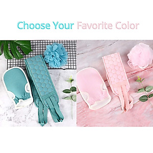 Exfoliating Body Scrubber Shower Set - 3PCs, Back Scrubber, Sponge Pad & Loofah Mesh Bath Pouf, for Men Women Shower Bath, Sensitive, Delicate, Dry Skin. Reusable. (Pink)