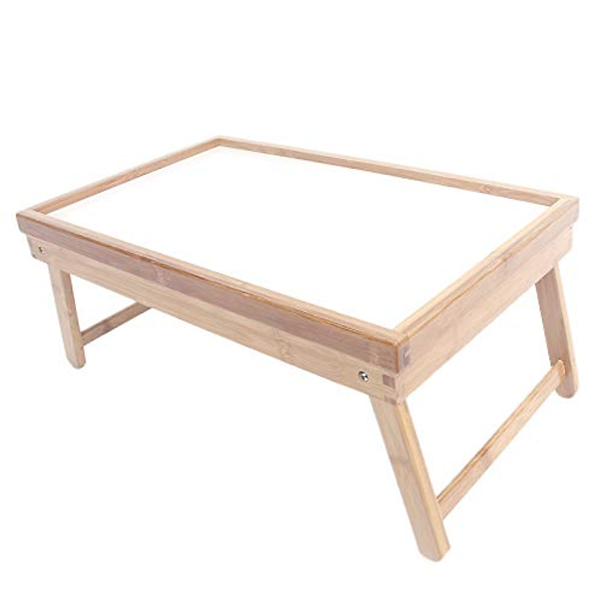 Bed Tray Table with Folding Legs,Adjustable Dining-Table Serving Breakfast in Bed or Use As a TV Table, Laptop Computer Tray, Snack Tray with Natural Bamboo (Wood Color & White Plank)