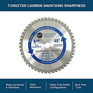 Benchmark Abrasives TCT 6 1/2 Inch Circular Saw Blade, Tungsten Carbide Tipped Metal Cutting Saw Blades for Cutting Metal, Stainless Steel, Ferrous Metals, Miter Saw Blade (6-1/2" 48 Teeth)
