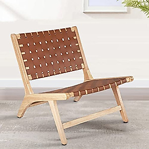 HeuGah Accent Chair,Woven Leather Midcentury Modern Accent Chair with High Back, Patio Lounge Chair, Cognac Leather and Natural Wood Recliner Chair for Living Room,Bedroom,Patio(Burlywood)