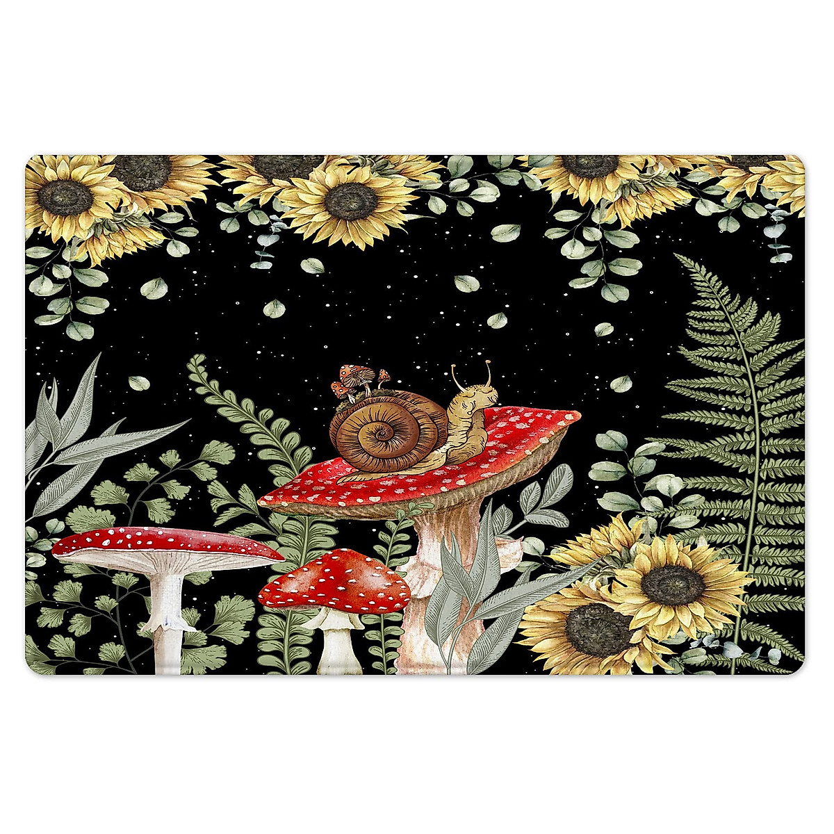 Mushroom Sunflower Bath Mat, Red Mushroom Yellow Sunflower with Sage Green Leaf on Starry Night Sky Memory Foam Bath Mat Non Slip Absorbent Bath Mat for Tub 24x16 inch, Washable Shower Bath Mat