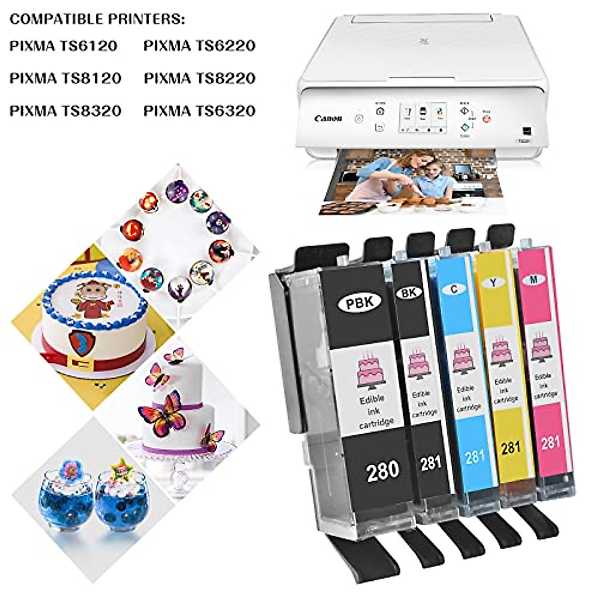 Youtook Compatible for 280 281 Ink Cartridges, C A K E Maker C A K E Printer Work with PIXMA TS6120 TS6220 TS6320 TS8120 TS8220 TS8320 Printer, Black, Cyan, Magenta & Yellow Included. (5 Pack)
