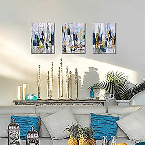 Yuegit Blue Abstract Canvas Wall Art for Living Room :3 Piece Wall Art Framed for Bedroom Wall Decor Coastal Abstract Wall Art Ready To Hang 12X16 Inch Each