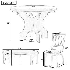 UBGO 5-Piece, Kitchen Room Sets with 44" Round Table and 3 Upholstered Dining Chairs & a Curved Bench,for 4-5 People (Grey)